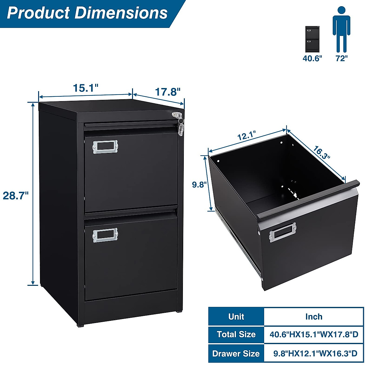 PEUKC 2-Drawer File Cabinet, 16.3" Deep Vertical Filing Cabinet with Lock, Metal File Cabinet for Home Office, Anti-Tip 2 Storage Drawers for Letter/Legal/A4/F4 Size (Assemble Required, Black)