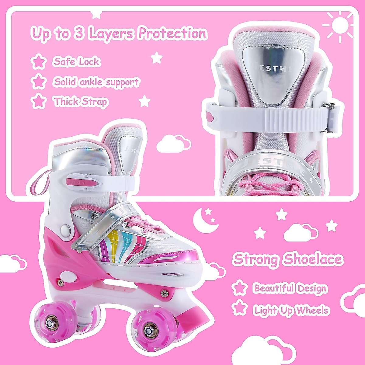 Kids Roller Skates Adjustable for Girls Boys Toddlers Youth, Pink 4 Size Adjustable Light Up Roller Skates for Size 11J todders to Size 7 Youth Women