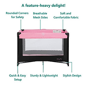 Dream On Me Zazzy Portable Playard with Bassinet in Pink, Packable and Easy Setup Baby Playard, Lightweight and Portable Playard for Baby with Mattress and Travel Bag