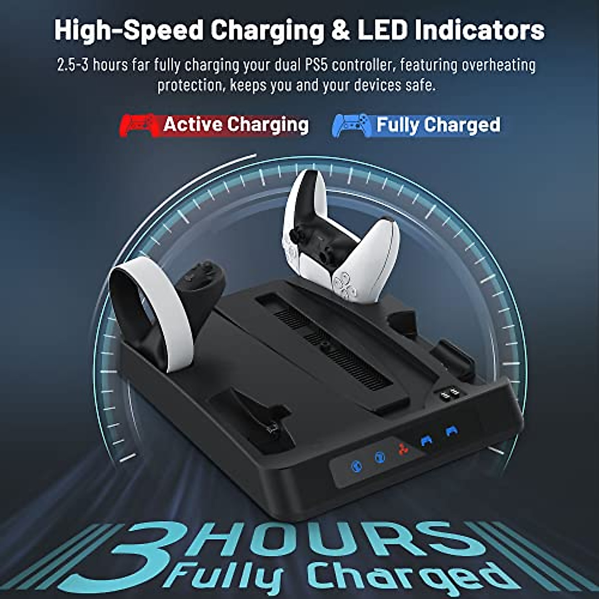 Upgraded PSVR2 Controller Charging Dock,PS5 Controller Charger, Cooling Station with 3-Level Speeds Silent Fan,VR and PS5 Stand Horizontal Display Your PSVR2 and PS5 Accessories