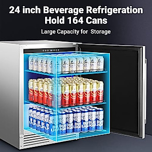 BODEGA 24 Inch Undercounter Outdoor Beverage Cooler Fridge with Stainless Steel Seamless Door，Hold 164 Cans w/Powerful Cooling Compressor for Patio Kitchen,Outdoor