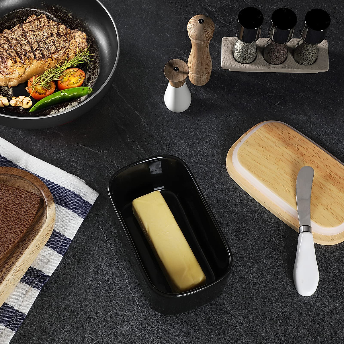 Large Ceramic Butter Dish for Countertop - Butter Keeper with High-Quality Silicone Sealing, Natural Wooden Lid and Stainless Steel Knife, Kitchen Decor and Accessories for Kitchen Gifts (Black)