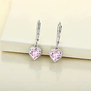 YL Women's Solitaire Dangle Drop Earrings Sterling Silver Heart Leverback Earrings Created Pink Tourmaline Jewelry Gifts