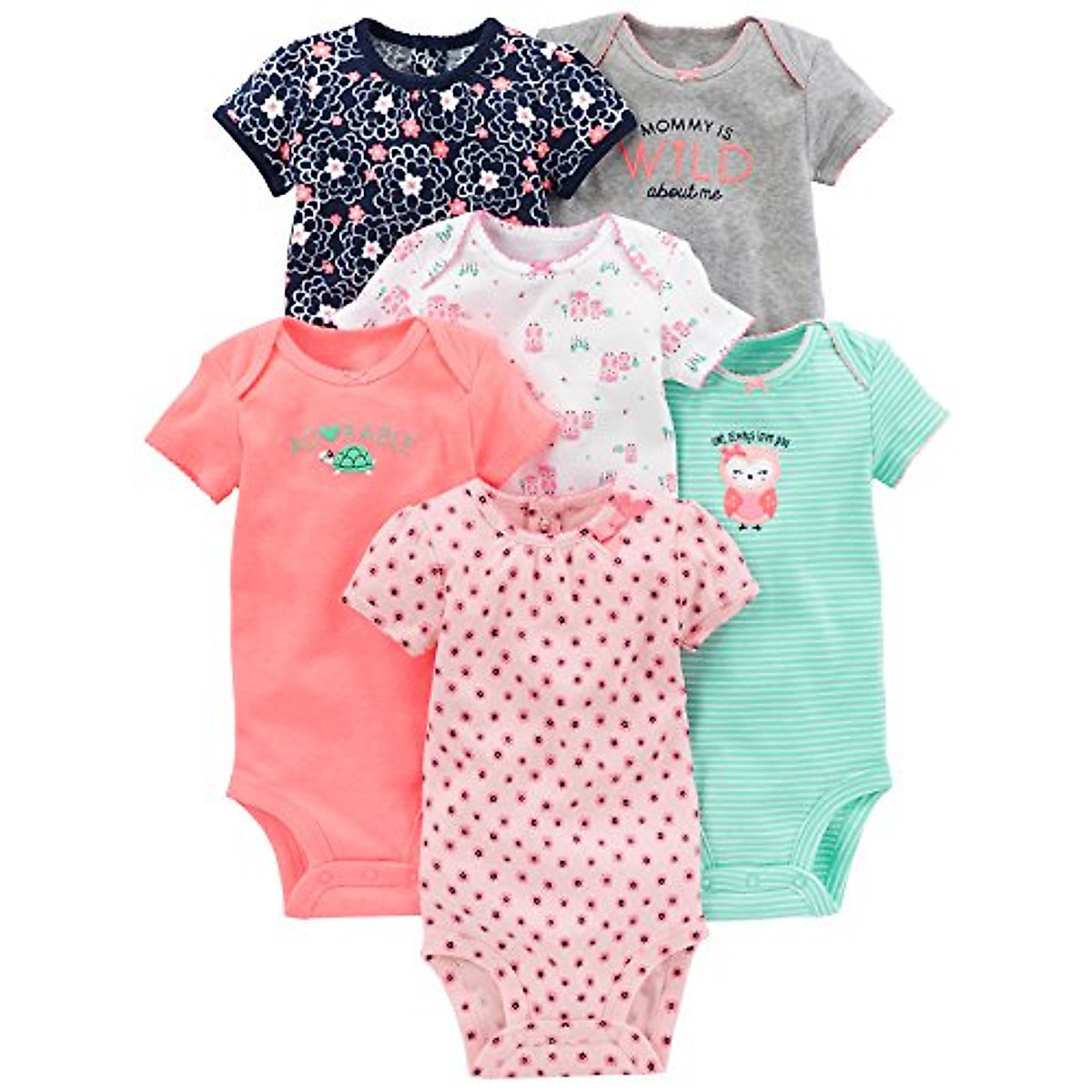 Simple Joys by Carter's Baby Girls' Short-Sleeve Bodysuit, Pack of 6, Multicolor/Floral/Owl/Stripe, 18 Months