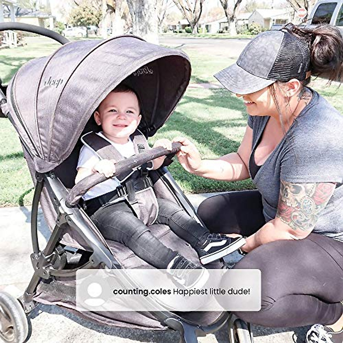 Jeep Gemini Stroller by Delta Children - Full of Features: Easy One-Hand Fold, Recline, Lightweight, Oversized Canopy, 2 Cup Holders, Shock Absorbing Frame, Grey Tweed with Red