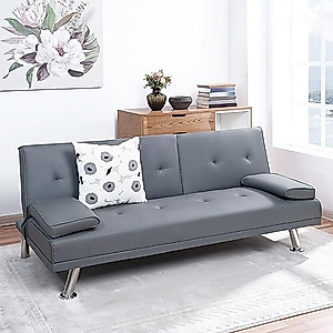 Space-Saving Design: Convertible Futon Sofa Bed, Versatile Comfort - Sturdy Build Modern Faux Leather Futon Couch - Low-Maintenance Upholstery - Customizable Positions - Easy Assembly - Gray