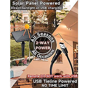 Classhine 50FT USB & Solar Chargeable Outdoor String Lights Dimmable with Remote, Waterproof Patio Deck Lights 15+2 LED Large Bulbs Warm White Shatterproof Replaceable Café Yard Porch Decor