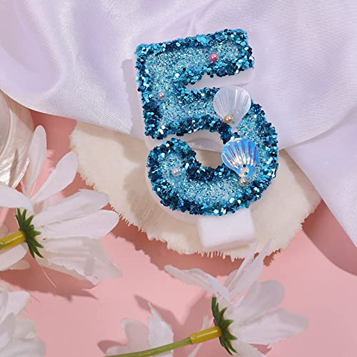2.8inch Birthday Number Candle, Shell Sequins Number Candles Blue Glitter Number Candle Cake Numeral Candles for Birthday Anniversary Mermaid Themed Party (Number 5)