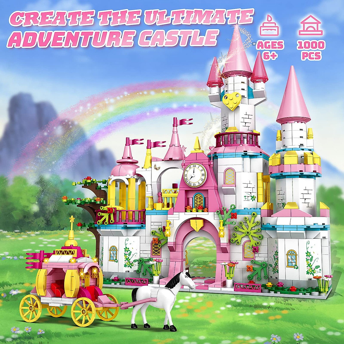 Castle STEM Building Toys for Girls Ages 6 7 8 9 10 11 12 Years Old, VINTOP Building Sets for Girl Boys, 1000PCS Pink Princess Castle Carriage Playsets Creative Building Blocks Xmas Toy Gifts for Kids