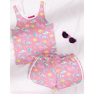 Barbie Girls 2 Piece Co-Ord | Kids Pink All Over Print Vest & Shorts Set | Palm Trees Sunglasses Summer Holiday Beach Daywear