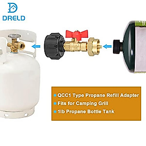 DRELD QCC1 Propane Refill Adapter with ON-Off Control Valve for 1 LB Tanks, Low-Pressure QCC1/Type1 Propane Adapter 1lb to 20lb for Camping Grill Bottle Tank from 20-40LBS Cylinder
