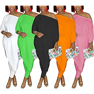 WOKANSE Women's Casual Off One Shoulder 2 Piece Jogger Sweatsuit Tracksuit Sets Loose Irregular Pullover Tops Long Pants White 2XL