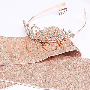 CAVETEE Birthday Crown and Sash for Women Birthday Queen Sash & Rhinestone Tiara Set and Sashes for Decorations Rose Gold Birthday Queen