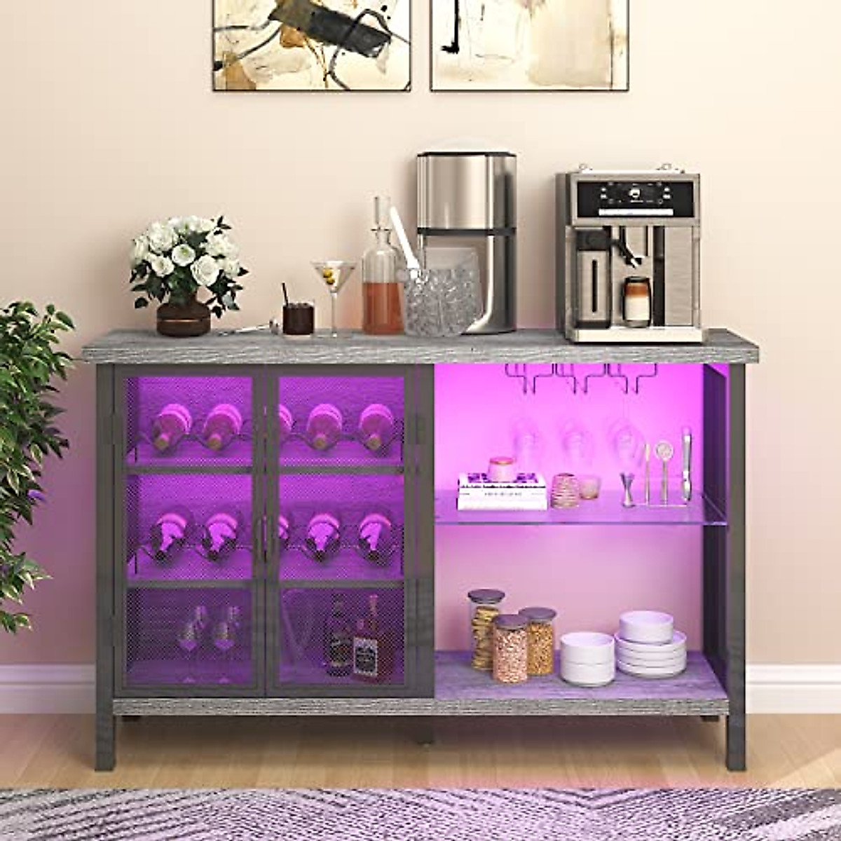 SOSPIRO Liquor Bar Cabinet with LED Lights, Industrial Wine Bar Cabinet with Wine Rack and Adjustable Shelves, Steel Coffee Bar for Home Dining Living Room Furniture, Grey