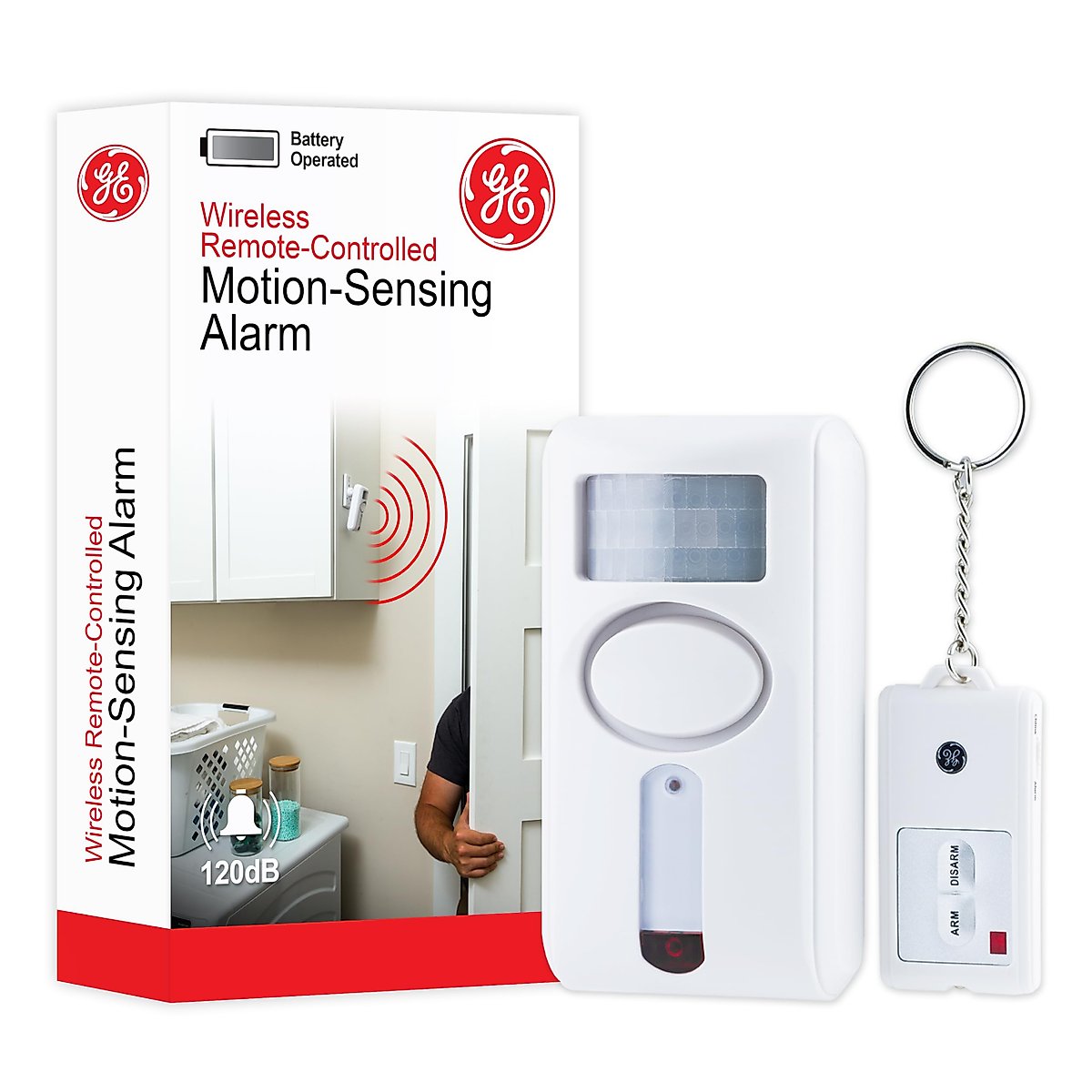 GE Personal Security Motion Sensing Alarm with Keychain Remote, 120dB Siren, Easy to Use, Easy to Install, No Wiring, Home Protection, 51207,black
