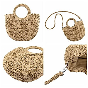 Ayliss Women Straw Handbag Summer Beach Rattan Tote Bag Crossbody Shoulder Top Handle Handbag Handmade Purse Clutch Bag (Khaki)