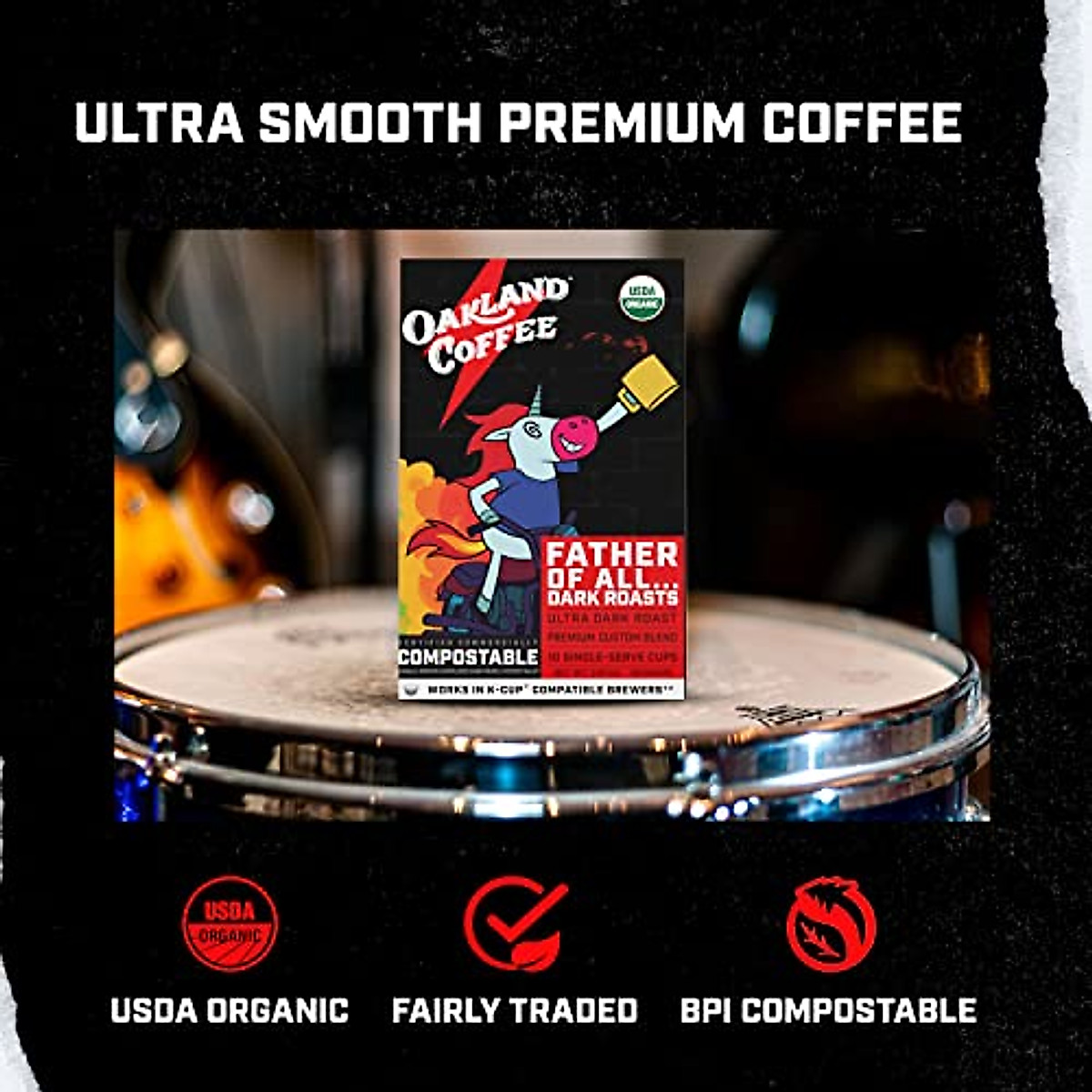 Oakland Coffee Father of All Dark Roasts - 10 Organic Coffee Pods, Dark Roast, Premium, Never Bitter, Slow Roasted, Ultra Smooth & Extra Strong Flavor, Single Serve Individual Compostable Coffee Pods