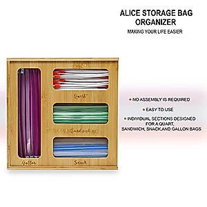Alice Ziplock Bag Organizer | Nature Bamboo Baggie Holder | Compatible with Gallon, Quart, Sandwich, Snack, and Variety Size Food Bag | Bag Storage Organizer for Kitchen Drawer