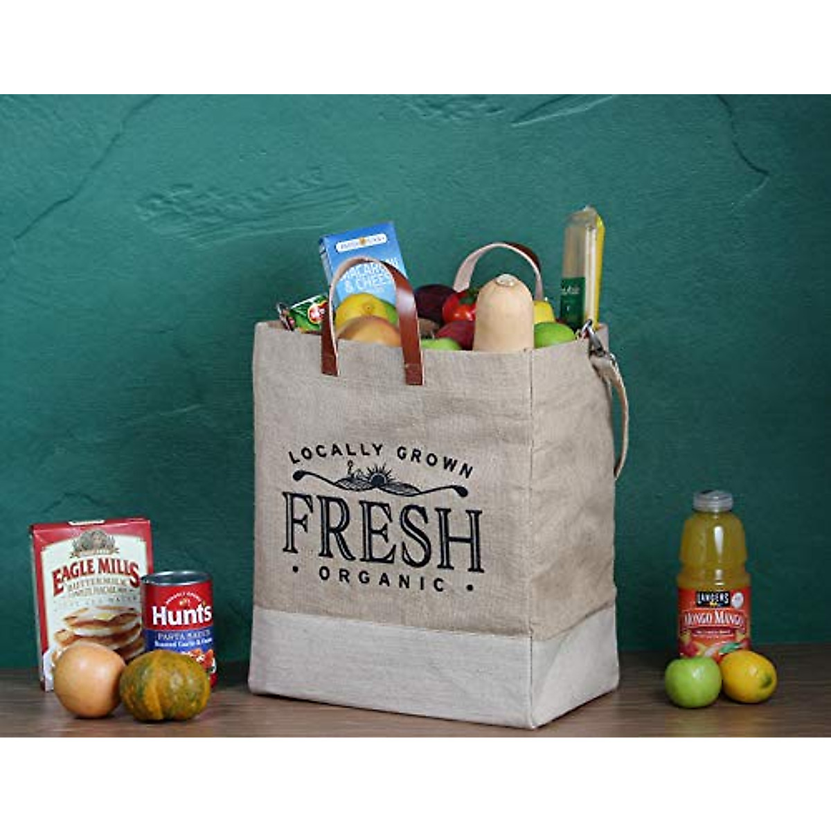 Earthwise Jute Shopping Bags Tote Reusable for Grocery Shopping Everyday Tote Heavy Duty with Long Adjustable Shoulder Strap and Leather Carry Handles