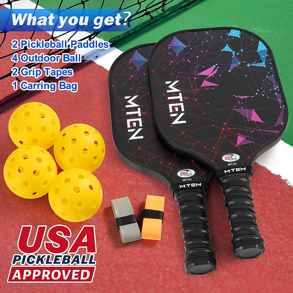 Pickleball Paddles Set of 2, USAPA Approved Fiberglass Surface Pickleball Set with 2 Pickleball Rackets,4 Pickleball Balls,1 Portable Carry Bag, Pickle Racket Set ​for Men Women