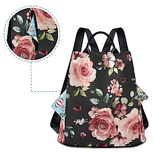 ALAZA Rose Flowers Floral Black Backpack Purse with Adjustable Straps