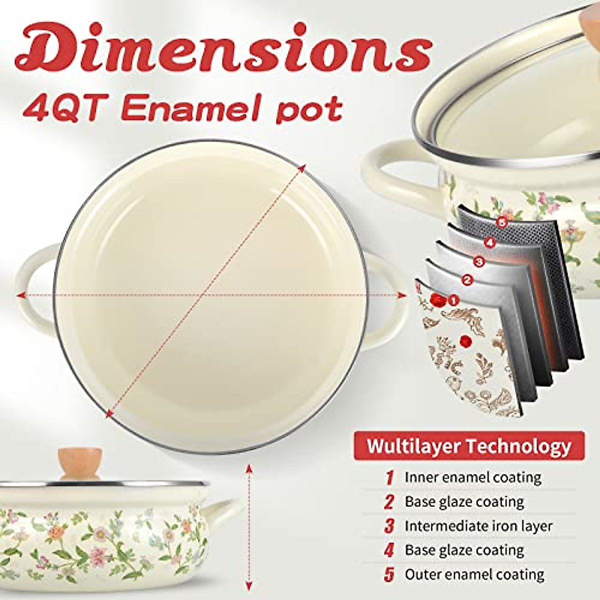 Enamel Stock Pot with Lid, Floral Retro Cooking Pot for Stove Non Stick Soup Pot, Induction Pasta Pot, All Stove Compatible (STYLE1)