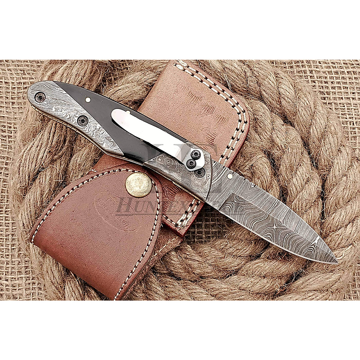 HUNTEX Custom Handmade Hand-Forged Twist Pattern Damascus Steel 4 Inch Long Natural Walnut Wood Handle Razor Sharp Hunting Folding Pocket Spear Knife with Pocket Clip & Genuine Leather Pouch