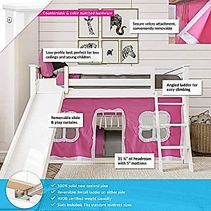 Max & Lily Low Bunk Bed with Slide, Twin-Over-Twin Bed Frame For Kids With Curtains For Bottom, White/Pink