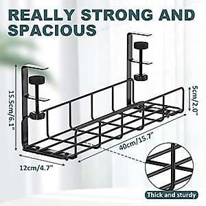 Under Desk Cable Management Tray, 15.7'' No Drill Steel Desk Cable Organizers, Wire Management Tray Cable Management Rack, Desk Cable Tray with Wire Organizer and Desk Cord Organizer