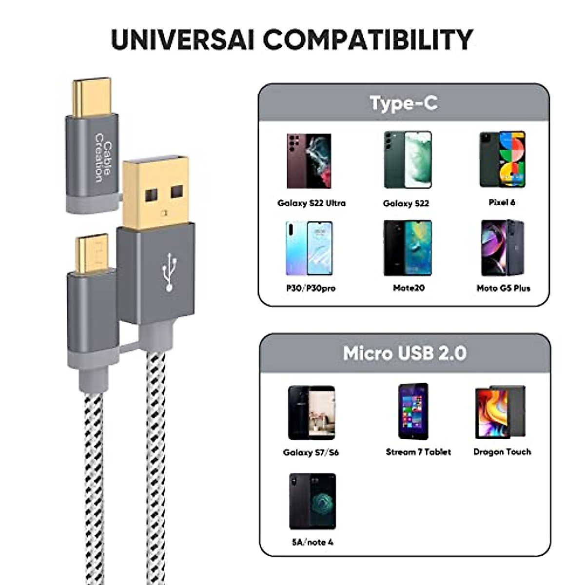 CableCreation 2 in 1 USB C Cable 0.8ft, Braided Micro USB + USB C to USB A Fast Charge Cord Compatible with Galaxy S22 Ultra Note 8, Pixel XL, Android & USB-C Devices, 0.25 M/Space Gray