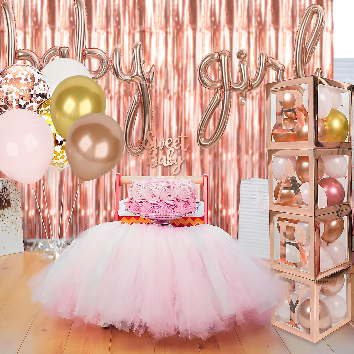 Rose Gold Baby Shower Decorations Rose Gold Balloon Garland Arch Kit Balloon Boxes Fringe Curtain Tablecloth Cake Topper Butterfly Stickers for Birthday Girls Baby Shower Gender Reveal Party Supplies