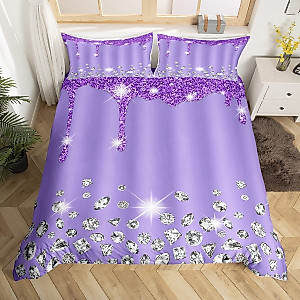 Silver Glitter Print (No Glitter) Bedding Set Bling Party Decorations Purple Comforter Cover for Girls Diamond Jewelry Duvet Cover Bedspread Cover Quilt Cover Full
