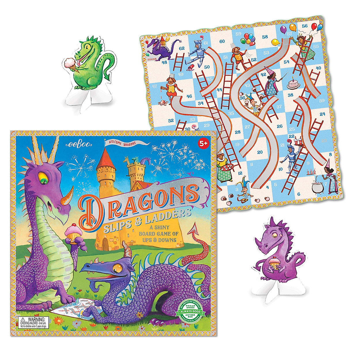 eeBoo: Dragons Slips & Ladders Board Game, Develops Counting and Patience Skills for Children, a Shiny Board Game of Ups & Downs, Perfect for Ages 5 and up