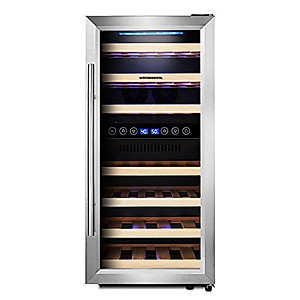 Phiestina Dual Zone Wine Cooler Refrigerator, 33 Bottle Free Standing Compressor Fridge and Chiller for Red and White Wines, 16'' Glass Door Wine Refrigerator with Digital Memory Temperature Control