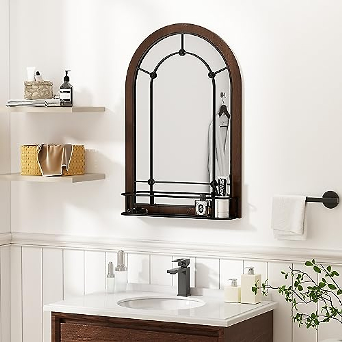 AZODY Arched Window Wall Mirror with Shelf, 36''x24'' Brown Hanging Entryway Mirror, Decorative Mirrors for Wall Decor, Living Room, Bathroom Vanity