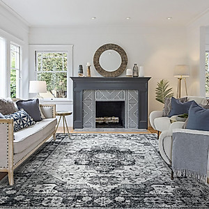 Syalife 6x9 Washable Area Rug - Soft, Non-Shedding, Low-Pile for Living Room, Bedroom, Office & Nursery - Distressed Style with Non-Slip Backing, Black/White