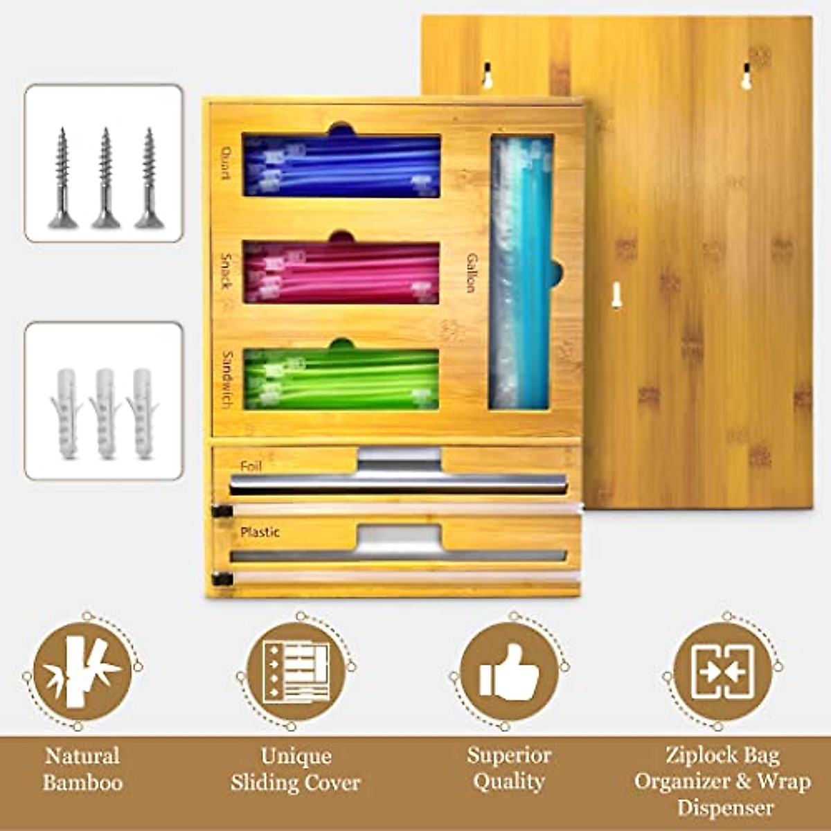 Home Deko BayMax Bamboo 3 in 1 Ziplock Bag Foil and Plastic Wrap Organizer with Cutter for Kitchen Drawer Countertop- Giant Aluminum Saran Dispenser, Large Gallon Snack Bags Storage, Tin Holder