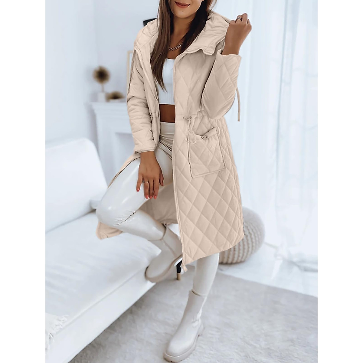 Imily Bela Womens Long Quilted Jackets Zip Up Hooded Drawstring Waist Coats with Pockets