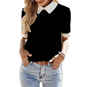Verdusa Women's Colorblock Contrast Polo Collar Short Sleeve Blouse Shirt Top Black and White M