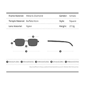 HEPIDEM 100% Really Buffalo Horn Sunglasses for Men Rimless Square Diamonds Buffs Sun Glasses 0015 (Diamond Black Blue)