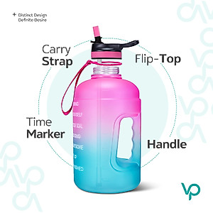 Venture Pal Half Gallon Water Bottle with 2 Lids, Large 64 oz Water Jug with Motivational Time Marker to Ensure You Drink Enough Water-White/Gray Gradient