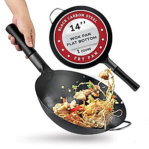 Restaurantware-Motomori 14 Inch Pre-Seasoned Carbon Steel Wok, 1 Traditional Japanese Wok - Flat Bottom, Wooden Handle, Black Carbon Steel Traditional Stir Fry Pan, With Helper Handle