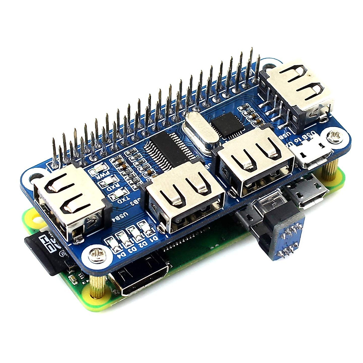 4-Port Raspberry Pi USB HUB HAT for Raspberry Pi 4B/3B+/3B/2B/B+/A+/Zero/Zero W, 4 USB Ports Compatible with USB2.0/1.1 Onboard USB to UART Onboard Multi Indicators