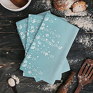 Yun Nist Kitchen Dish Towels,White Flower Vine Blossom Cherry Soft Microfiber Dish Cloths Reusable Hand Towels,Falling Floral Teal Gradient Back Washable Tea Towel for Dishes Counters 1 Pack