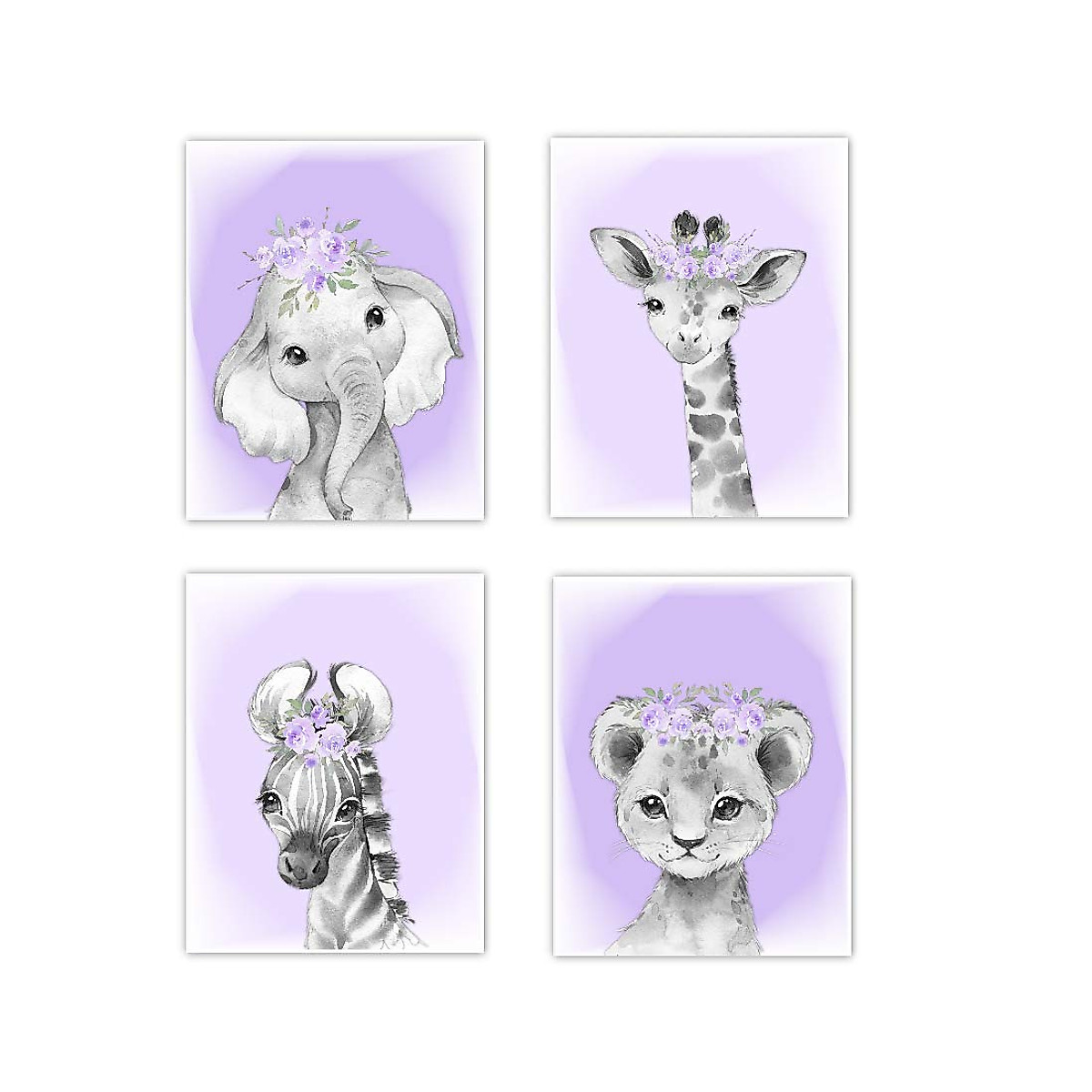 Baby Girl Nursery Wall Art Purple Floral Crown Safari Animals Elephant Giraffe Lion Zebra Decor 4 UNFRAMED PRINTS
