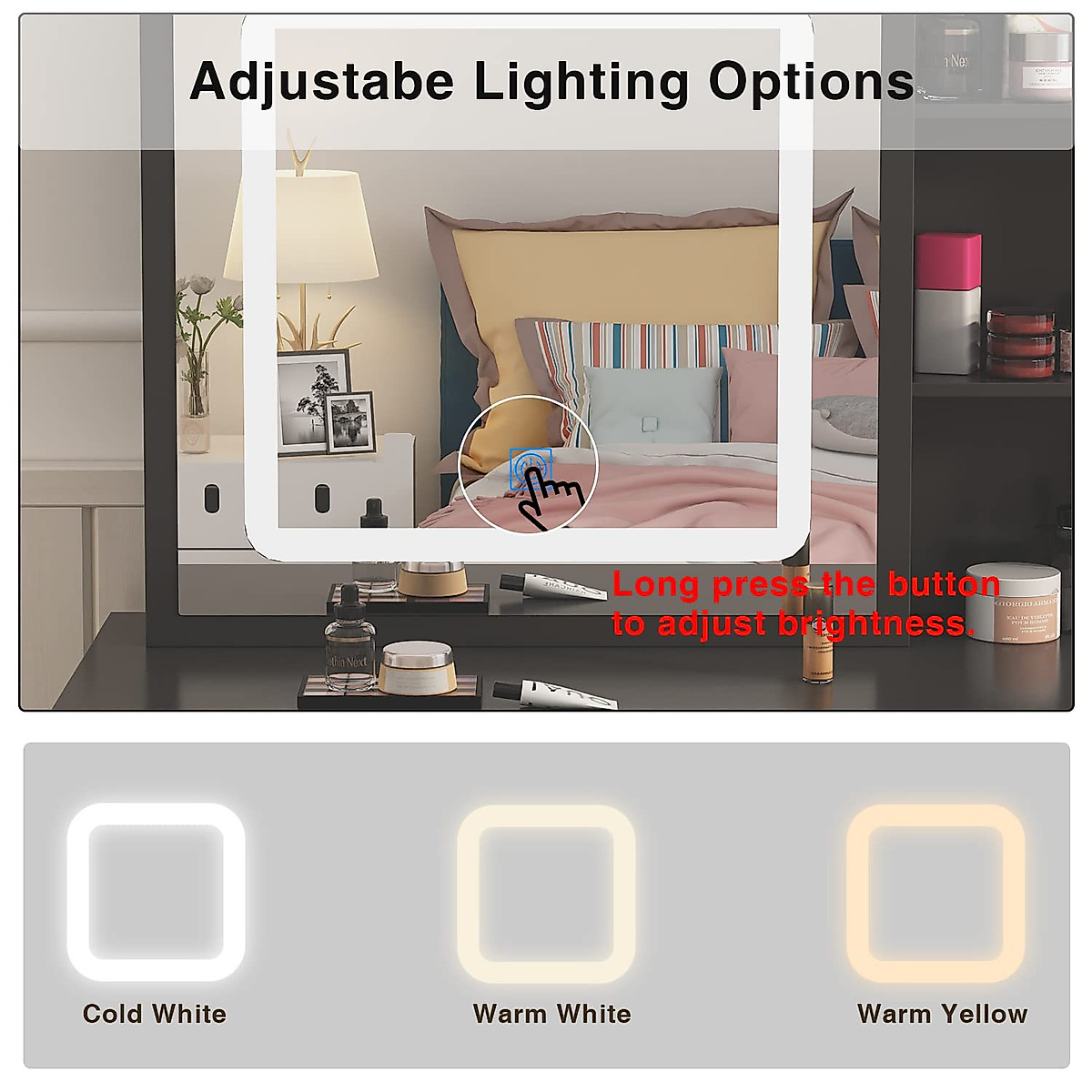 Homsee Vanity Desk Set Makeup Table with Large Sliding Lighted Mirror, Dressing Table with 5 Drawers, Storage Shelves & Cushioned Stool for Bedroom, Black