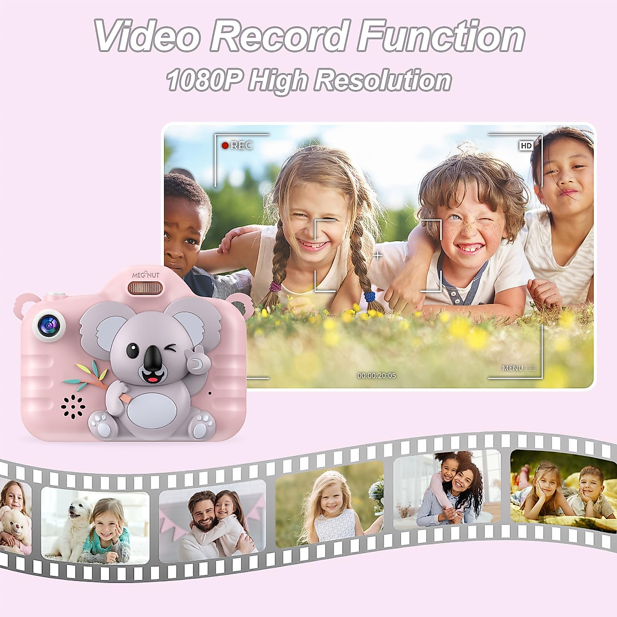 MEGNUT Kids Camera Koala Toys for 3-9 Years Girls Boys Toddler Digital Selfie Camera Video Camcorder Christmas Birthday Gifts for Children 1080P 48MP 2.4inch Screen with 32GB SD Card Pink