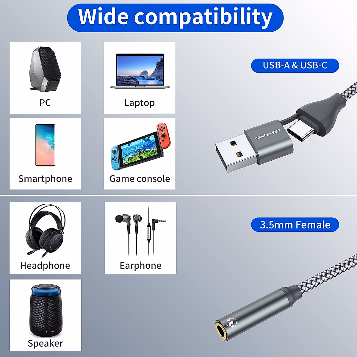USB to 3.5mm Audio Adapter,2-in-1 USB A/USB Type C to 3.5mm Female Jack Cable Stereo Sound Card for Headphone,Mac,PC,Laptop,Desktops Samsung Galaxy S24 S23,iPhone 16/15 15 Pro Max iPad Pro MacBook