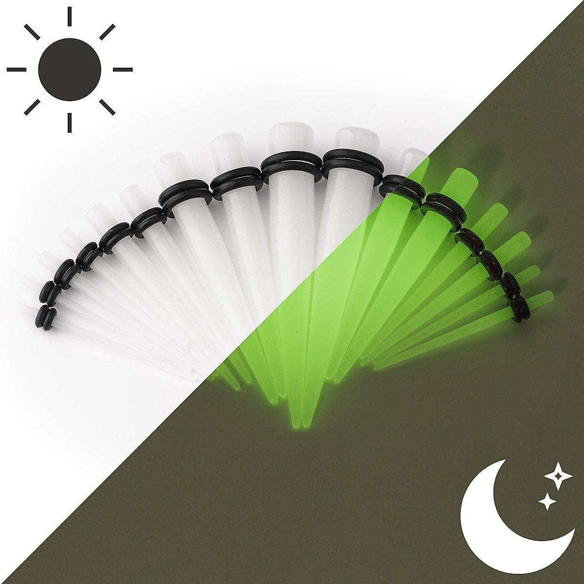 WBRWP 48pcs Ear Stretching Kit Set : Acrylic Tapers and Plugs with Double O-Ring & Soft Silicone Tunnels Ear Expander Gauges Stretcher Body Piercing Jewelry 14g-00g (Glow in Dark)