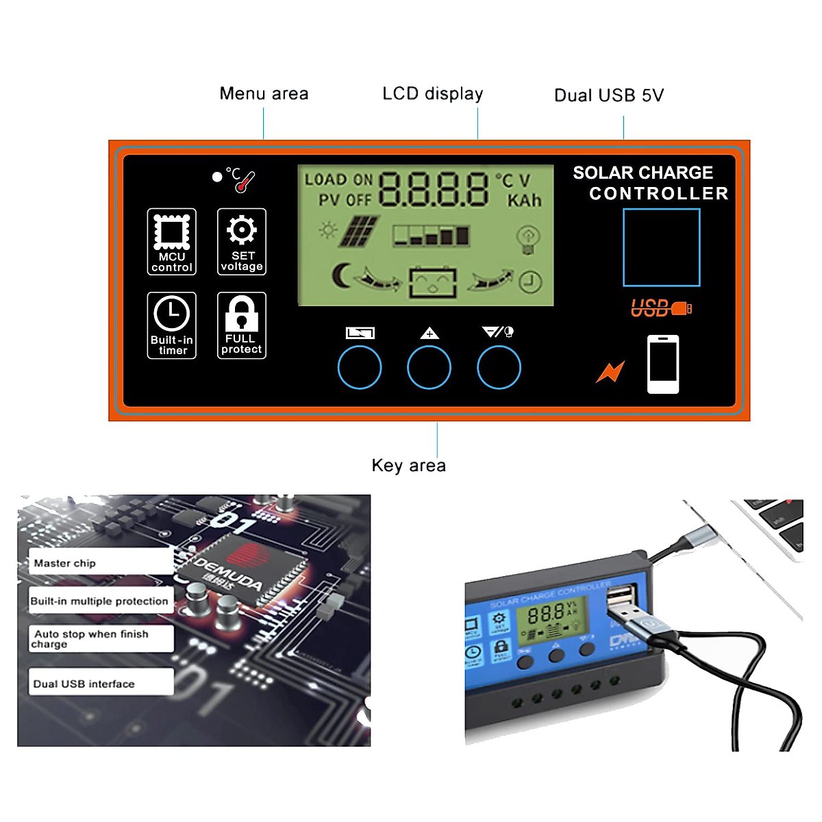 60A Solar Charge Controller,Solar Panel Charge Controller 12V 24V,Adjustable Parameter LCD Display Current / Capacity and Timer Setting ON/Off with 5V Dual USB,Auto Charge Regulator (Black)